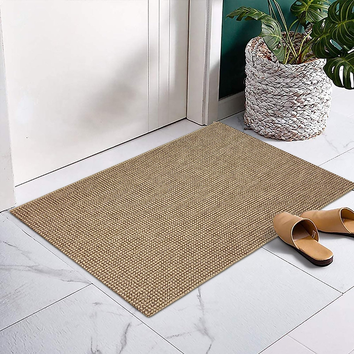 EARTHALL Boho Area Rug 2x3 Ft Washable Rugs for Entryway Braided Throw Rugs with Rubber Backing Door Mat Indoor Outdoor Entrance Small Cotton Woven Carpet for Kitchen Foyer Front Door, Tan/Brown