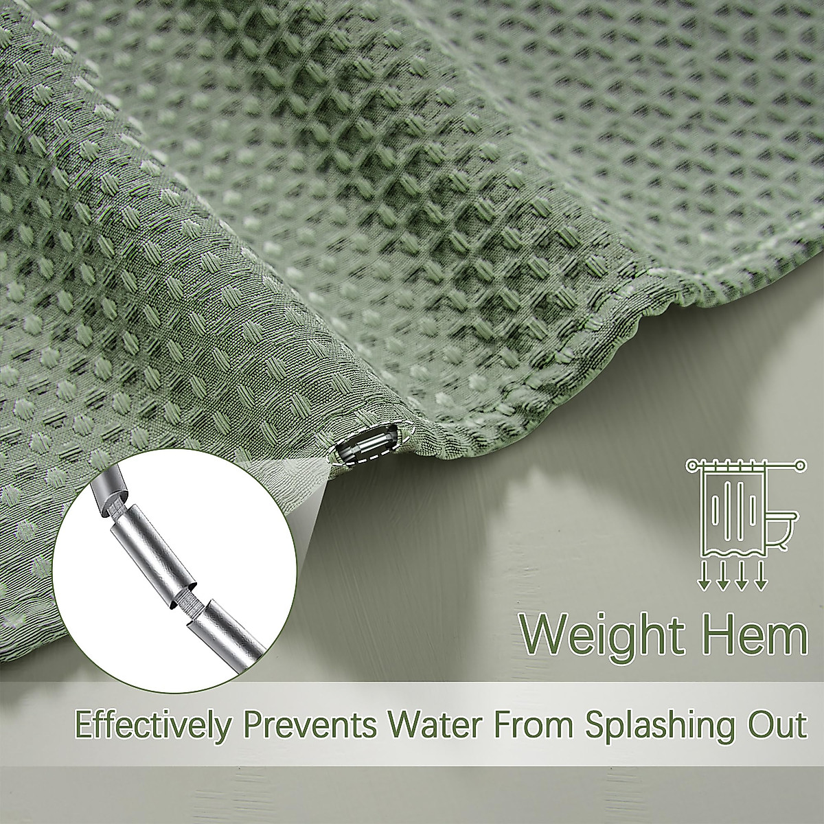 PANGSINNE Sage Green Shower Curtain - Waffle Weave Fabric Heavy Duty for Bathroom, Water Repellent Weighted 256GSM Hotel Quality Machine Washable Bath Curtains with 12 Hooks, 72Wx72H