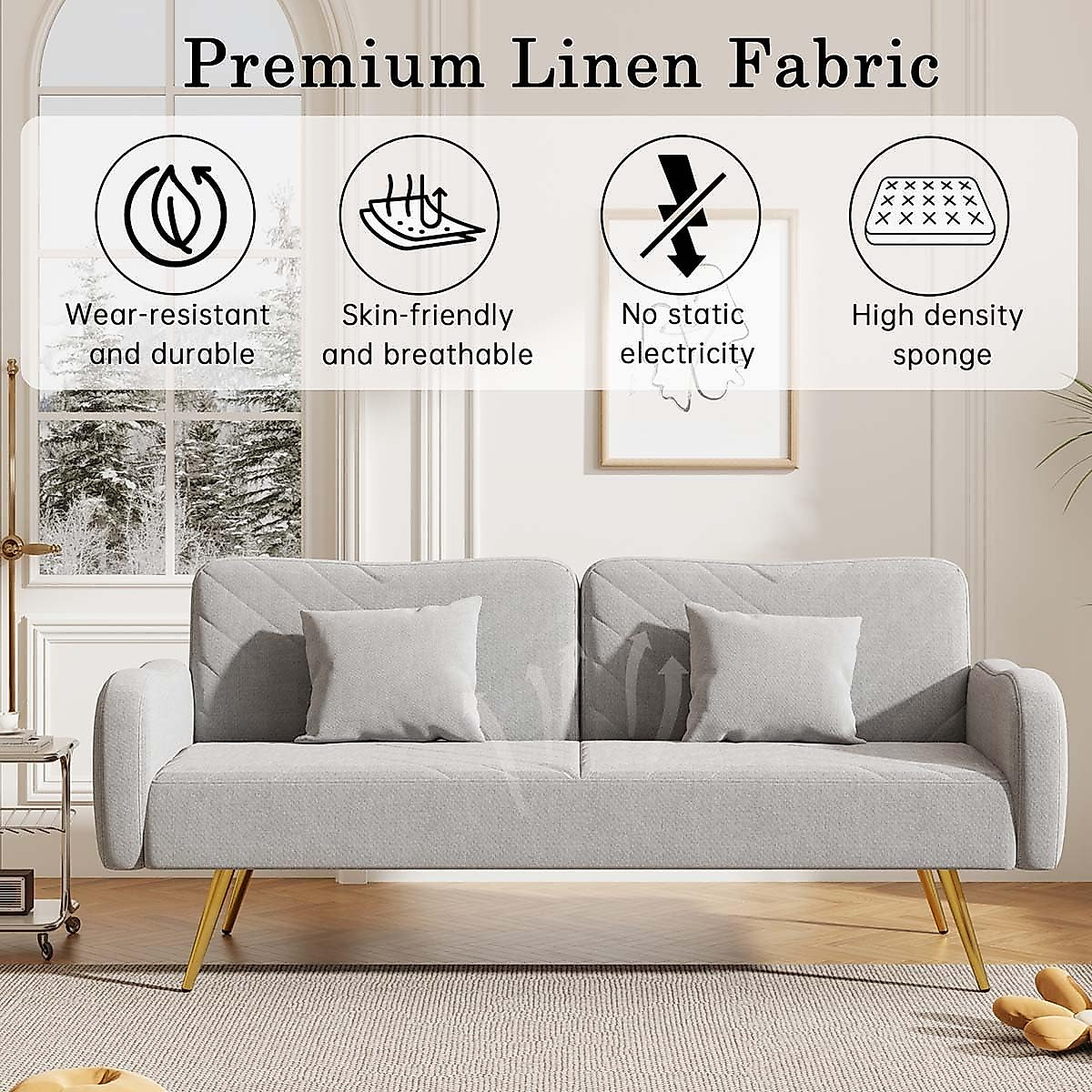 70“ Futon Bed with Mattress Included,Futon Couch Sofa Bed w/ Split Backrest and 2 Throw Pillows,Convertible Loveseat Sleeper w/ Gold Metal Legs and Arms for Living Room Bedroom Small Space (Grey)