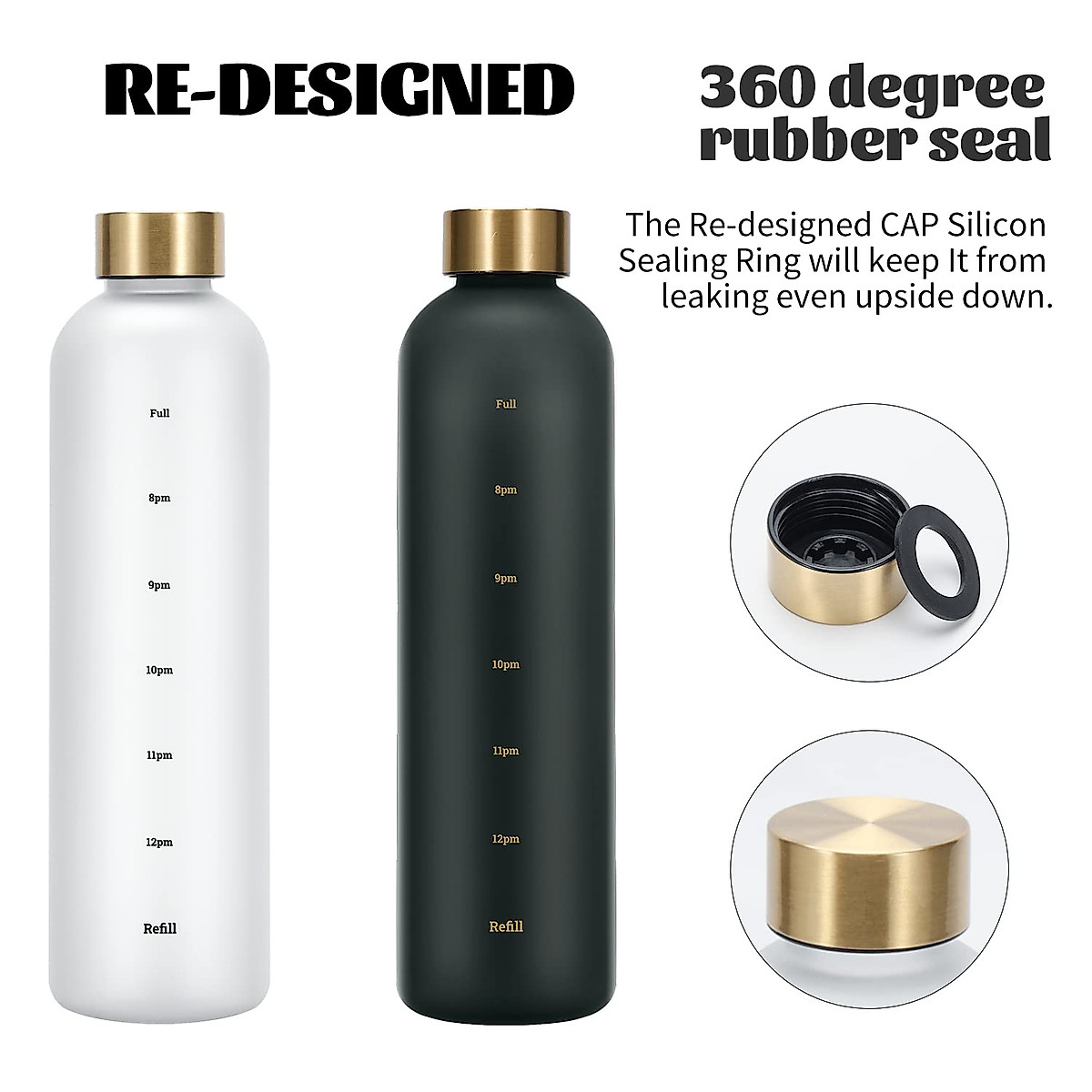 MUCR 32 oz Water Bottle With Time Marker, Motivational Clear Water Bottles, Lightweight and Frosted, BPA Free for Gym, Sport, Outdoors, White