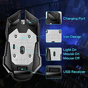 VEGCOO Wireless Gaming Mouse, Silent Click Wireless Rechargeable Mouse with Colorful LED Lights and 3 Level DPI Ergonomic Optical Gamer Mice for Laptop and Computer (C20 Black)
