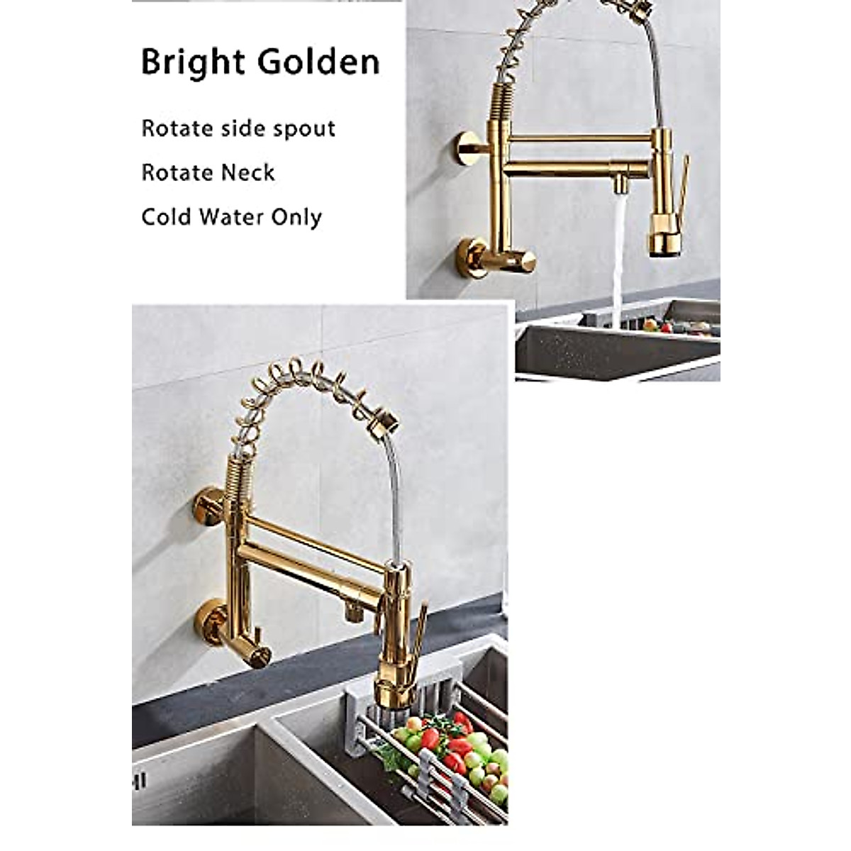 Kitchen Sink Faucet for Bar Farmhouse Commercial, Golden/Brushed Nickel/Chrome Spring Kitchen Faucet, Swivel Side Sprayer Dual Spout Kitchen Tap, 360 Rotation Kitchen Sink Cold Water Faucet (Color :