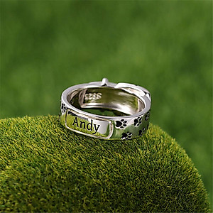 AILIN Custom Dog Rings 925 Sterling Silver Puppy Paw Print Collar Rememberance Personalized Engraved Forever in my heart Name Rings Pet Lovers Memorial Jewelry Gifts For Women With Box