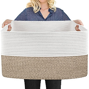 MEGASKET Extra Large Cotton Rope Basket, 23.6" x 15.7" x 14.1" Rectangle Blanket Basket Living Room, Wicker Woven Throw Blanket Pillow Storage Basket, Soft Kids Dog Toy Basket Storage Bins Organizer