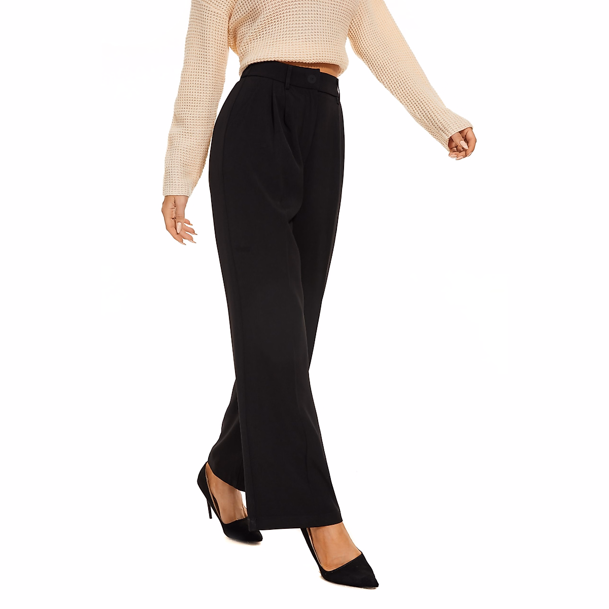 FUNYYZO Women Wide Leg Pants High Elastic Waisted in The Back Business Work Trousers Long Straight Suit Pants