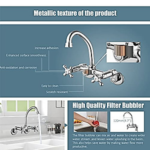 Aolemi Polish Chrome Wall Mount Kitchen Sink Faucet 3 to 9 Inch Adjustable Spread Double Cross Handle Mixer Tap