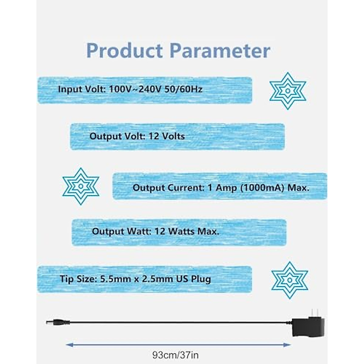 12V DC Power Supply 1A Universal AC Adapter, 100-240 50/60Hz AC to DC 12 Volts 1Amp Power Adapter Transformer, DC 12V Power Cord, 5.5mm x 2.5mm DC Plug & 1Tip