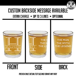 Personalized 2pk; set of two Engraved 2.5oz Shot Glass, Custom Etched Shot Glasses, Groomsmen, Customized Bridesmaid, Wedding Favors, Customized Birthday Gifts, Anniversary, Cute, Halpert Monogram