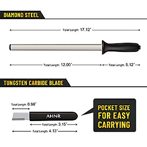 12 Inches Diamond Honing Steel Professional Knife Sharpener Rod, AHNR Kitchen Knife Sharpening Rod & Tungsten Carbide Multi-Sharpener for Honing Knife Blades, Pruning Shears, Garden Tools