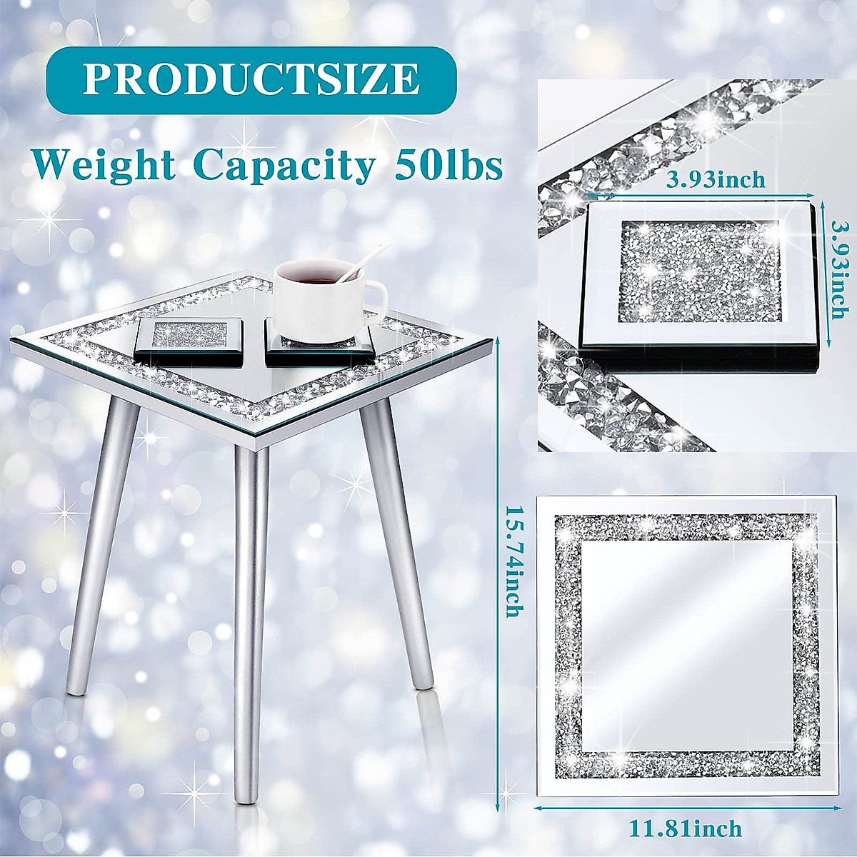 Mirrored End Table with Glass Mirrored Coasters Modern Silver Accent Table Bling Mirror Side Table Crushed Crystal Coasters Crushed Diamond Cup Mat for Living Room Home Kitchen (Square, 3 Pcs)