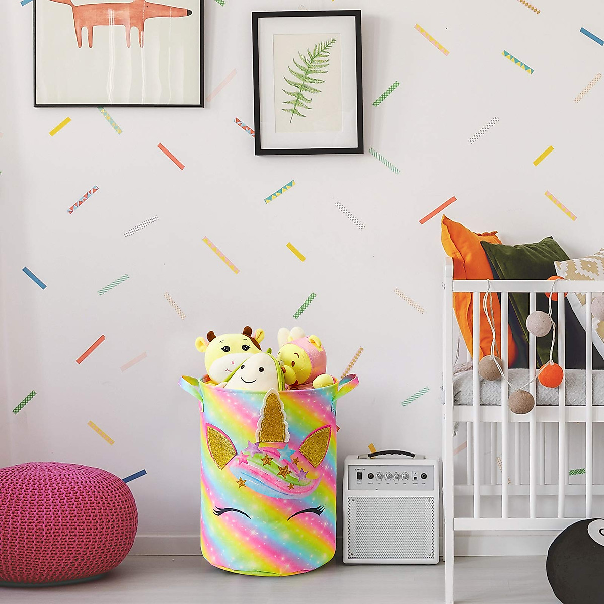 FIOBEE Unicorn Laundry Basket Rainbow Storage Bins Waterproof Nursery Hamper Canvas Toy Organizer for Kids Girls Bedroom Clothes