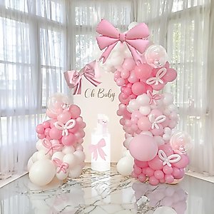 pink balloon arch kit Coquette Birthday Decorations Pink and White Balloon whit Bow balloons for Pink Bow Birthday bachelorette Bridal Shower Party Decorations
