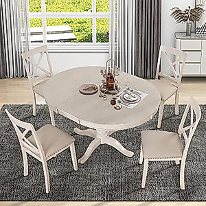 VilroCaz Modern Dining Table Set for 4, Expandable 42'' Round Dining Table and 4 Upholstered Chairs, Solid Wood 5 Piece Kitchen Dining Room Table Set, Home Family Breakfast Set (Antique White-R)