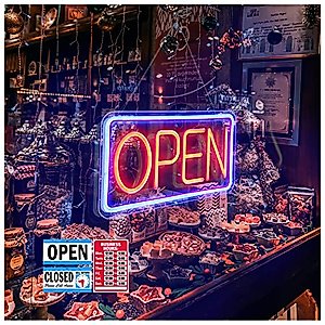 Open Signs for Business,Neon Open Sign Led,16.5"x 9",with Open/Closed Bussiness Hour Sign Set,Light for Bar Coffee Salon Store Window,12V/2A Adapter with ON/OFF Switch (Blue/Red Horizontal)