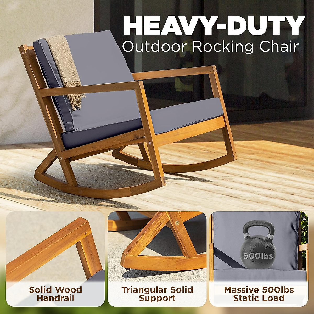 IDZO Heavy Duty Club Rocking Chairs 500lbs Capacity with Inclined Backrest, Thick Foam Cushion, Solid Acacia Wood Rocker for Patio, Backyard, Balcony, Porch, Grey