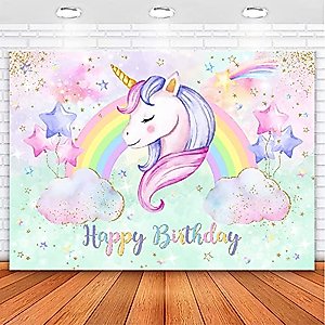 Avezano Unicorn Birthday Backdrop Pastel Rainbow Cloud Glitter Stars Unicorn Birthday Decorations Girls Unicorn Birthday Party Banner Decorations (7x5)