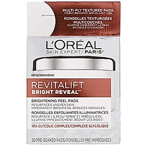 L'Oréal Paris Revitalift Bright Reveal Anti-Aging Exfoliating Peel Pads with Glycolic Acid, Reduce Wrinkles & Brighten Skin, 30 Count (Pack of 1)