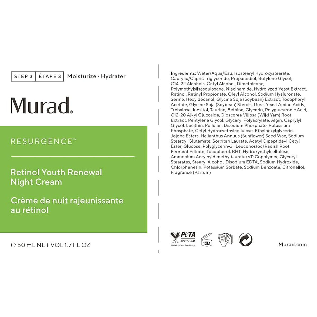 Murad Resurgence Retinol Youth Renewal Night Cream – Anti-Aging Retinol Moisturizer for Wrinkles and Fine Lines – Hydrating, Firming, and Smoothing Skincare Treatment, 1.7 Fl Oz