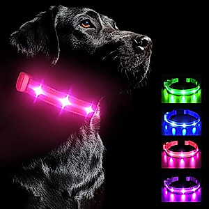 HZK Light Up Dog Collar, LED Glow Collar with USB Rechargeable Lighted Bright, Dog Flashing Collar Waterproof, 4 Colors with 3 Sizes for Small Medium Large Dogs - Pink, L