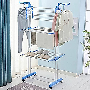 TOLUON Clothes Drying Rack, Movable Drying Rack with 4 castors, 3 Tier Clothes Horses Rack, Laundry Garment Dryer Stand with Two Side Wings for Home (Blue)