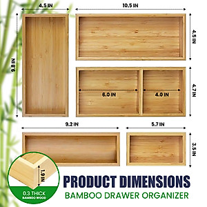 Bamboo Drawer Organizer Box Set of 5 Wooden Drawer Organizers for Kitchen, Bathroom, Office, Desk, Vanity, Makeup-Non-Slip Junk Drawer Organizer Trays for Storage & Organization by Zen Smart