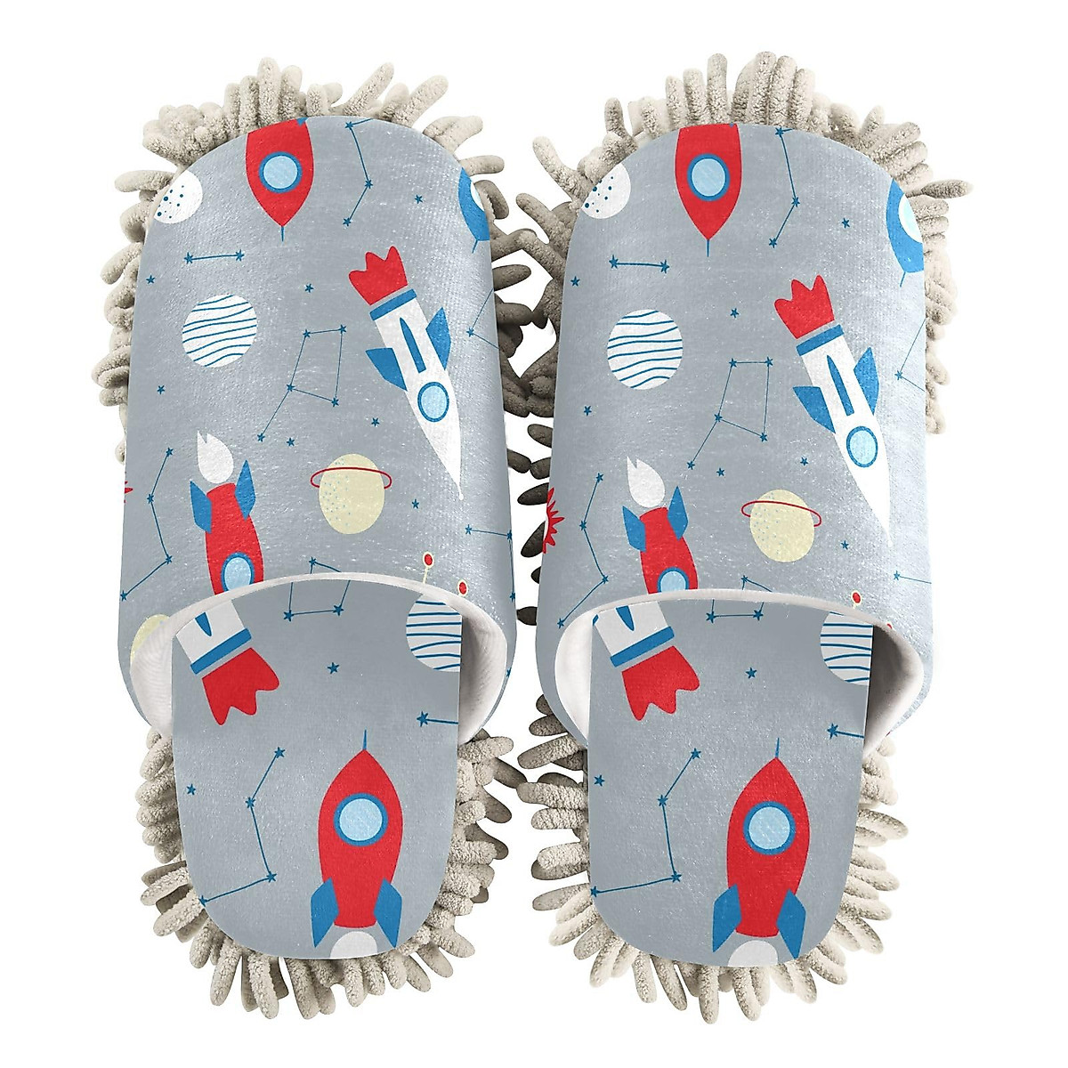 FLildon Microfiber Cleaning Slippers Space Rockets Planets Washable Mop Shoes Slipper for Men/Women House Floor Dust Cleaner, Size L