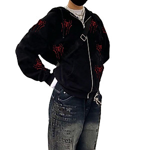 Kaipiclos Skeleton Hoodie Men Women Full Zip Up Hoodie Over Face Oversized Graphic Rhinestone Skull Streetwear Jacket (Black Red Spider, M)