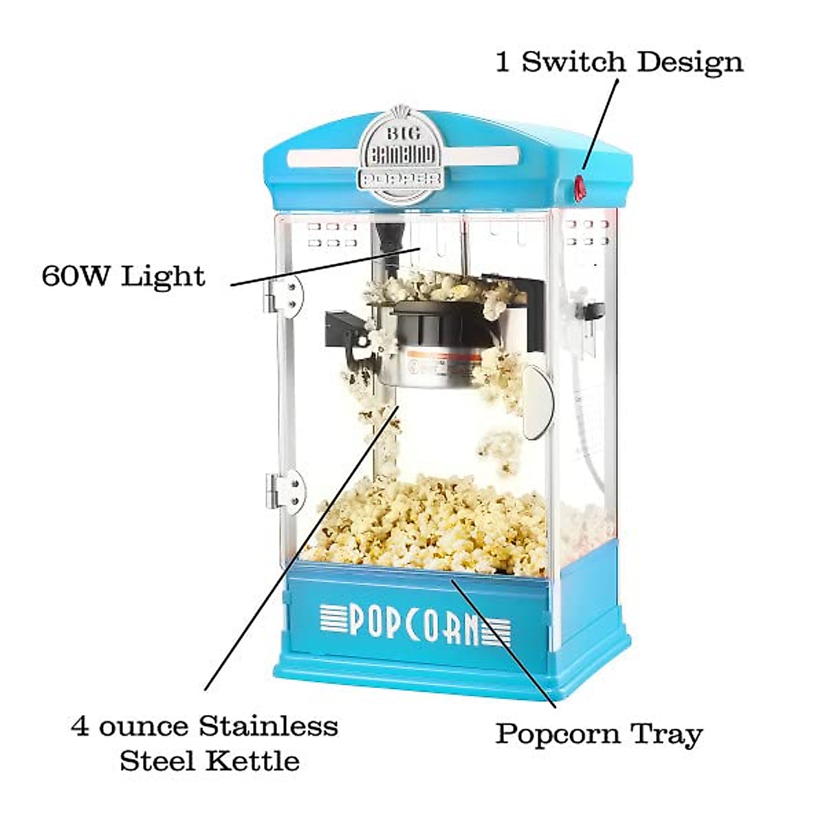 Big Bambino Popcorn Maker Set ? 4 Oz Kettle with 24-Pack of Pre-Measured Popcorn Kernels, Scoop, and Serving Cups by Great Northern Popcorn (Blue) (83-DT6106)