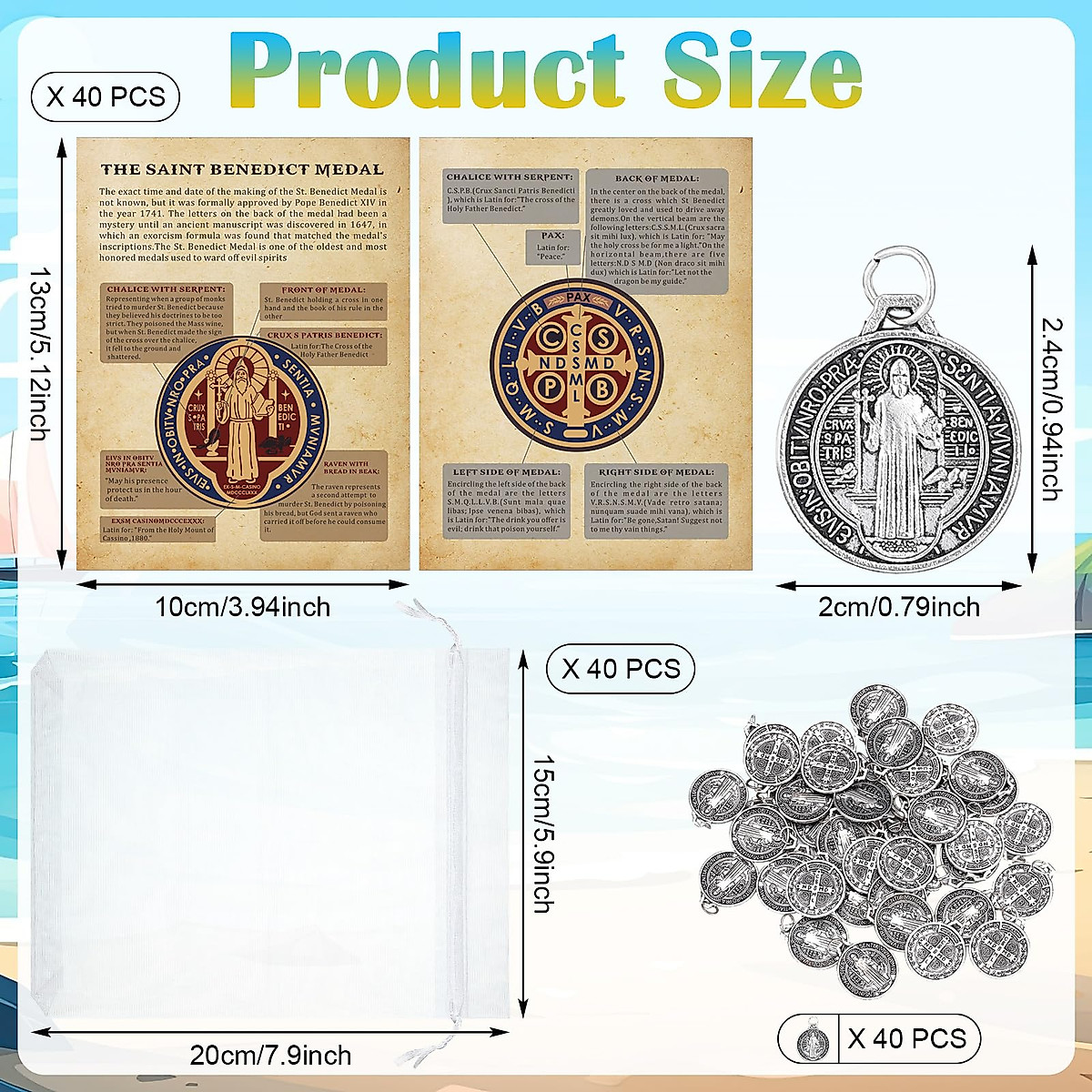 Remuuly 120 Pieces Medals Prayer Card Set, 3/4 Inch Round Silver Oxidized Medals for Necklace Holy Prayer Cards Bags for Catholic Women Men Jewelry Making (St Benedict)