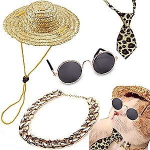 4Pcs Cat Glasses Cat Gold Chain Necktie and Straw Hat, Fashion Cool Pet Sunglasses Adjustable Pet Gold Chain Set Classic Funny Pet Accessories for Cats and Small Dogs