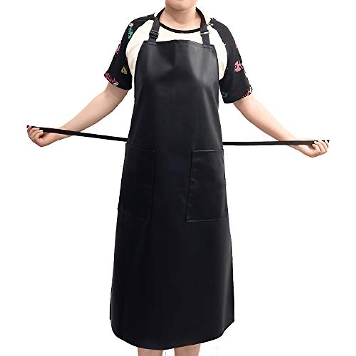 Aimbinet Waterproof Rubber Vinyl Apron - Chemical Resistant Work Cloth with 2 Pockets- Adjustable for Men & Women, Water and Oil Resistant For DishWashing, Lab Work, Butcher, Dog Grooming, Cleaning Fish, Black, Small