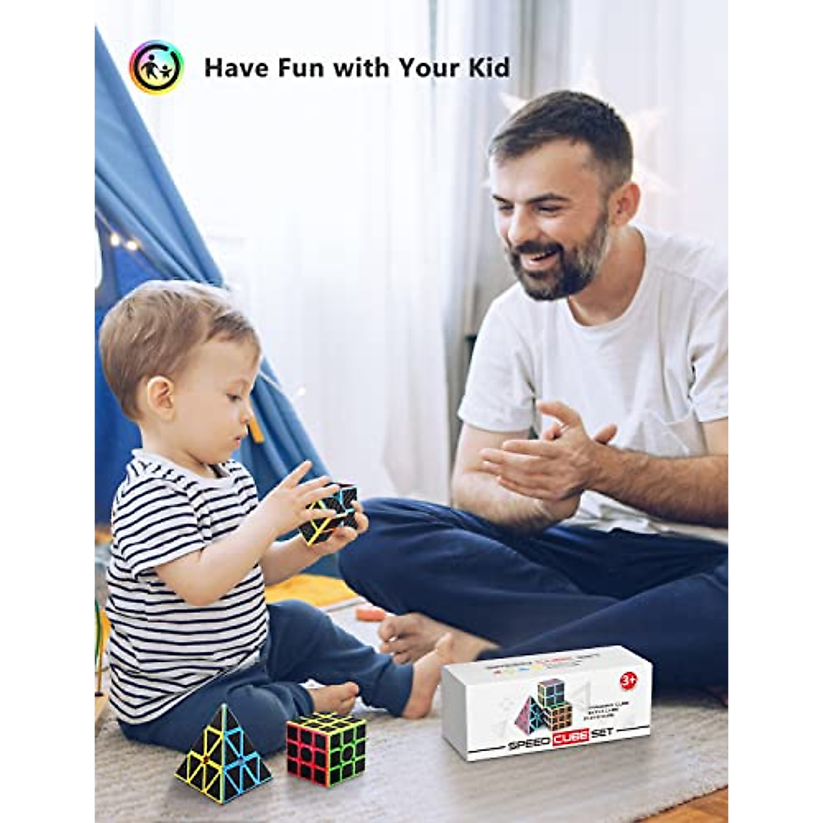 Vdealen Speed Cube Set, 2x2x2 3x3x3 Pyramid Magic Cube Set, Puzzle Cube Toys Birthday Party Christmas Stocking Stuffers Gift for Kids Teens Adults(Carbon Fiber Sticker)