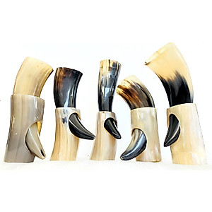 5x Viking Drinking Horn Cups | Viking gift for men 100% Natural Norse Goblet Ale Mead Beer mug Wine with Stand 10oz (9"-12")