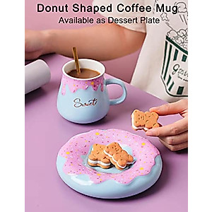 SISETOP Novelty Espresso Cups and Saucers, Ceramic Donut Mug, 9.5oz Creative Cute Cups, Unique Coffee Mug with Spoon for Gift, Kids, Adults, Birthday