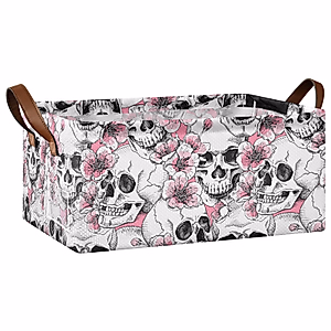 SLHKPNS Collapsible Storage Bins with Handles Pink Skull Storage Baskets for Shelves and Closet with Metal Frame Organizer Bins for Clothing,1PC,16.9"x11.4"x7.7", Spring Flowers