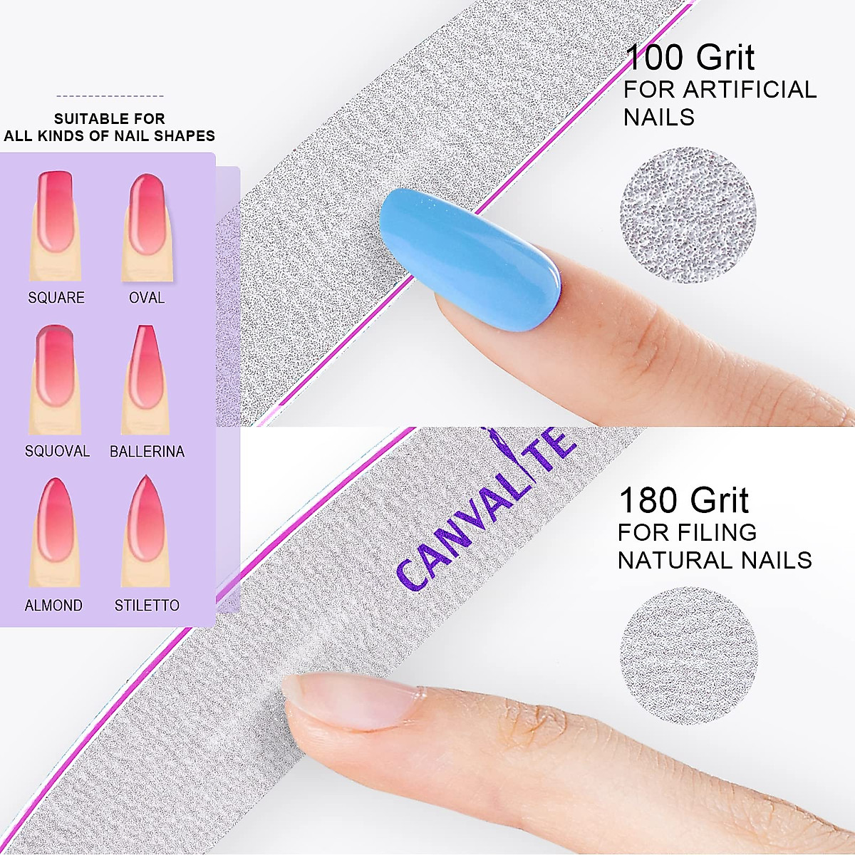 Canvalite 10 PCS Nail File Professional Nail Files Reusable Double Sided Emery Board(100/180 Grit) Nail Styling Tools for Home and Salon Use Christmas Gifts for Women