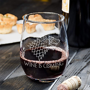 Game of Thrones Merchandise - Wine is Coming Stemless Wine Glass - 21 oz Large Permanently Etched, Dishwasher Safe Glass - Ready for Gifting! Christmas Gift for Game of Thrones fan
