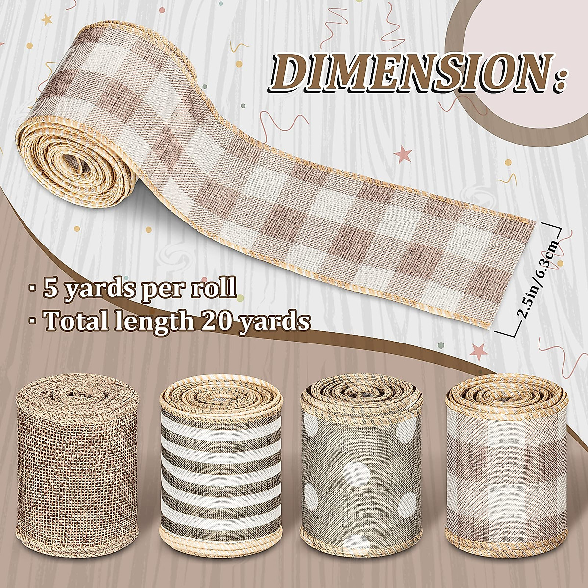 Whaline Farmhouse Wired Edge Ribbon 4 Rolls White Polka Dots Buffalo Plaid Stripe Ribbon Rustic Farmhouse Craft Ribbon for Spring Wedding Ribbon Wreaths Assorted DIY Gift Wrapping 2.5In x 20 Yard