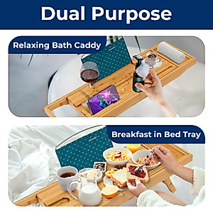 SereneLife 2 in 1 Bed and Bath Tray - Foldable Bamboo Bathtub Caddy with Adjustable Length, Non-Slip, Device Holder, Wine Glass Slot, Expandable for Comfortable Bathing (Folding, Soft Back, Gift Set)
