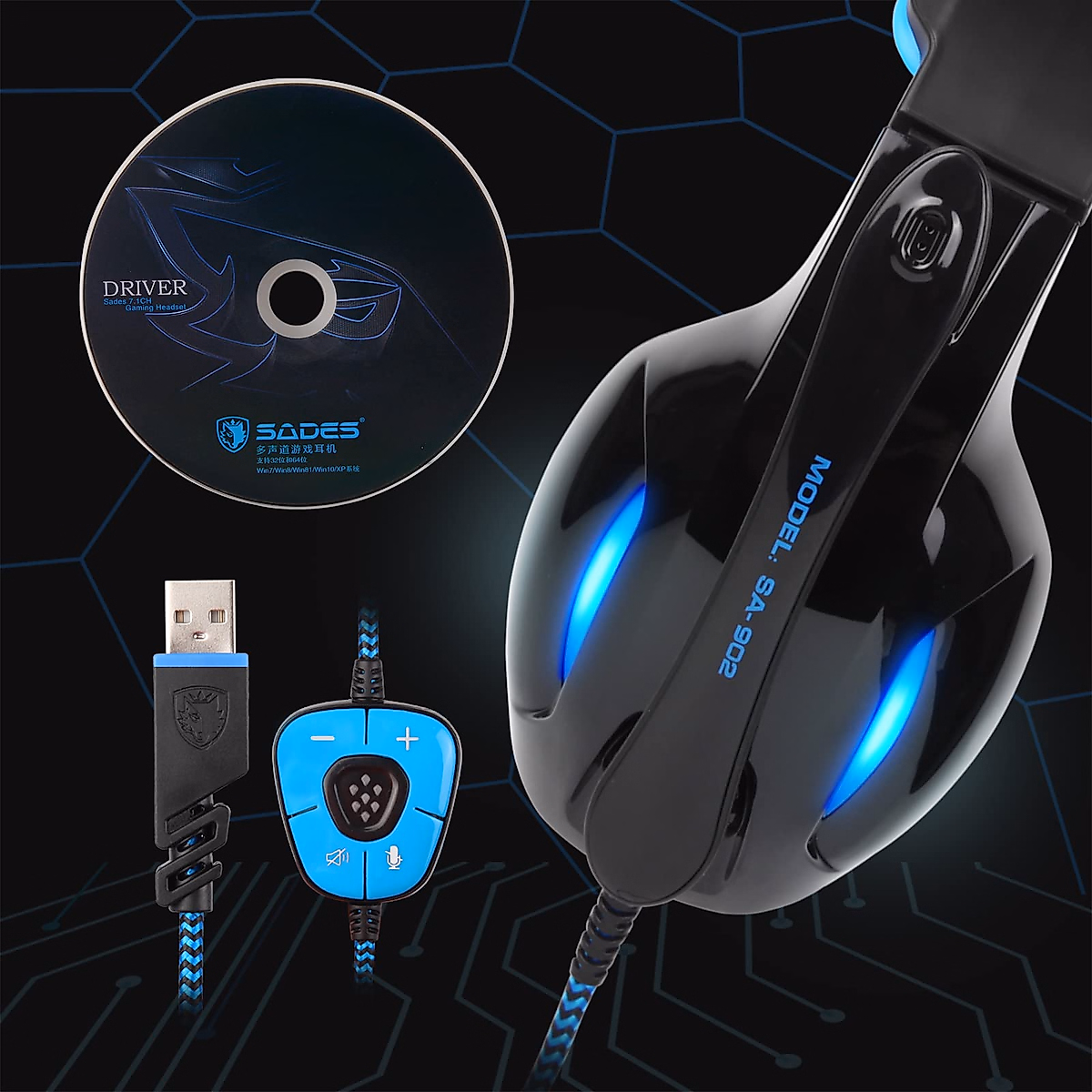 SADES SA902 Stereo Gaming Headset 7.1 USB Surround Sound PC Headsets Over-Ear Gaming Headphones with Microphone LED Light Black Blue