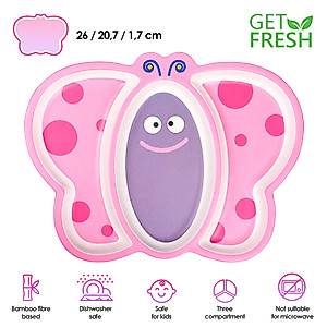 GET FRESH Bamboo Kids Divided Plates – 1pc Butterfly Sectioned Bamboo Fibre Childrens Plates – Cute Animal Bamboo Toddler Divided Plate – Reusable Bamboo Fibre Kids Plates with 3 Compartments