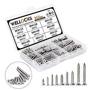 WELLOCKS Wood Screws 265 PCS 304 Stainless Steel M3/M4/M5 Self Tapping Screws Assortment Set, Flat Head Rust Proof Wood Screw Kit with Storage Box for Homemade, Repair, Woodwork Indoor Outdoor (D034)