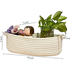 Woven Storage Basket Cotton Rope with Handle for Nursery Diaper, Blankets,Toys, Toliet Paper, Magazine and Keys, Cute Nursery Decor - 13"*7"*4"(White, 1)