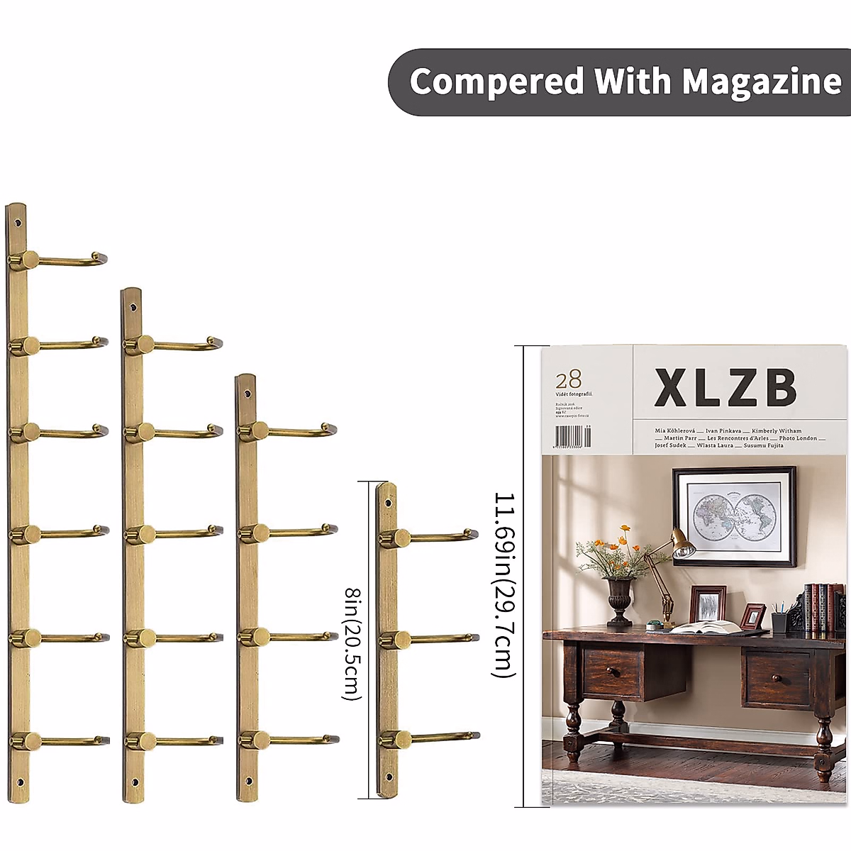 WINCASE Brass Towel Hook Rack, Brushed Brass Wall Hook Rail, Antique Coat Hook Rail Hanger 5 Hooks Bathroom Robe Hooks Wall Mounted