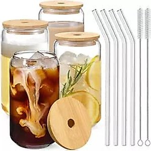 Drinking Glasses with Bamboo Lids and Glass Straw 4pcs Set - 16oz Can Shaped Glass Cups, Beer Glasses, Iced Coffee Glasses, Ideal for Cocktail, Whiskey, Gift - 2 Cleaning Brushes