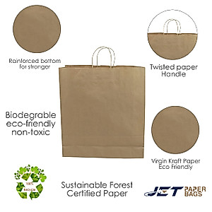 JET PAPER BAGS - 18x5x19.75 Inch [50 Pcs] Large Brown Paper Bags with Handles Prime for Takeout, Grocery, Goody, Retail, Party, Gifts, Weddings - Recyclable Kraft Paper Gift Bags with Handles