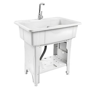 Utility Sink Laundry Tub, Freestanding Utility Sink,With Hot and Cold Faucet, Valves Drain Pipe, Heavy Duty Slop Sinks For Washing Room, Basement, Garage or Shop, Large Free Standing Wash (White)