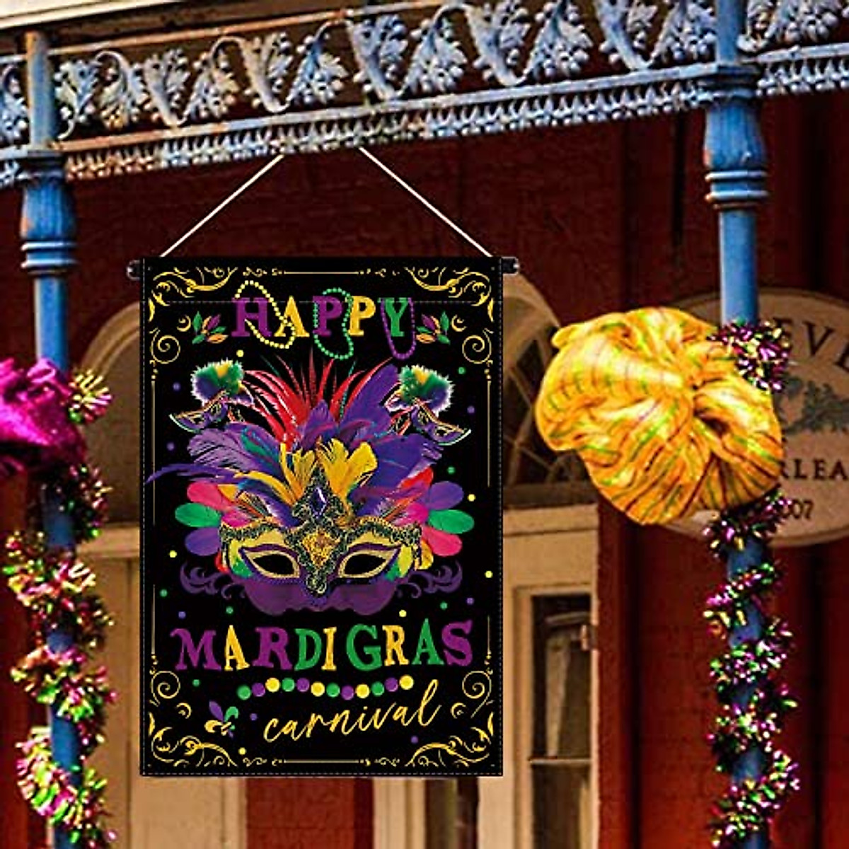 CMEGKE Mardi Gras Masquerade Feather Mask Garden Flag, Happy Mardi Gras Flags, Masquerade Mask Holiday Party Yard Outdoor Decor Vertical Double Sided Burlap Carnival Celebration Classic Holiday Party Farmhouse Yard Home Outside Decor 12.5 x 18 In