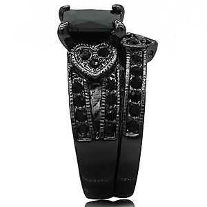 Jude Jewelers Black Rhodium Plated Princess Cut Heart Shape Wedding Engagement Bridal Ring Set (Black, 7)