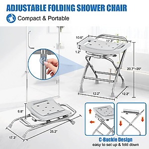 UGarden Height Adjustable Folding Shower Chair Seat, Stainless Steel Shower Chair for Inside Shower w/Crossbar, 400LB Portable Travel Shower Stool, Safety Anti-slip Bath Chair for Seniors, Adults,Gray